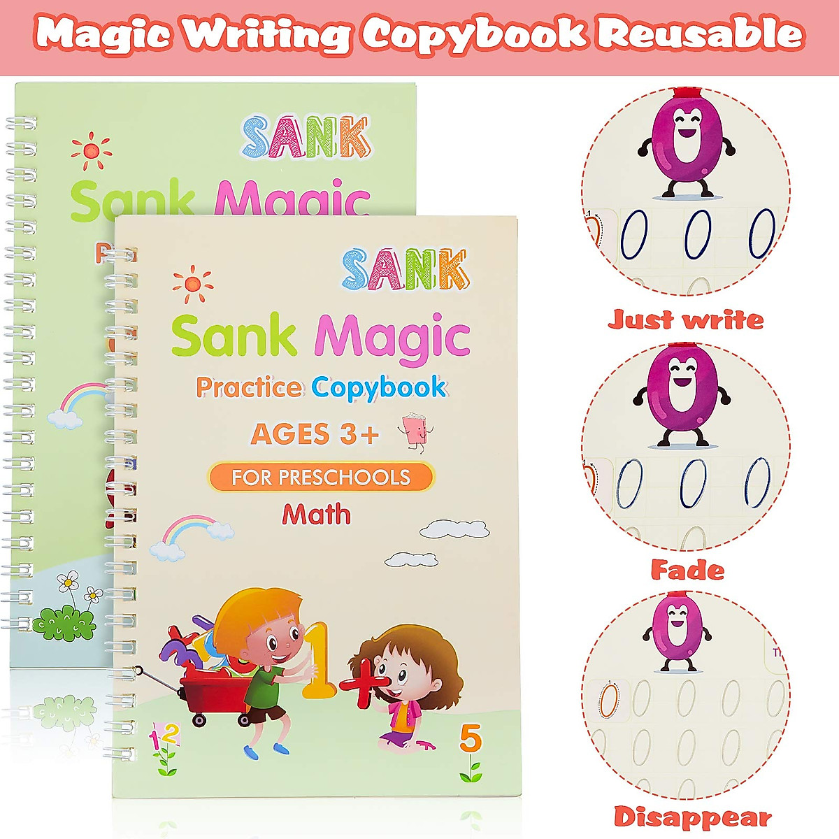 2 Pieces Magic Practice Copybook Magic Writing Paste Practical Reusable Writing Tool Workbook with Pens Set for Kid Calligraphic Christmas Gifts (Number and Math)