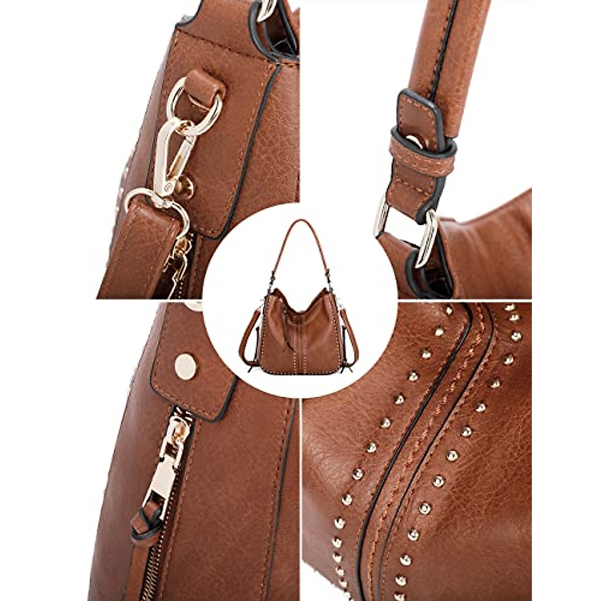 Concealed Carry Hobo Bag Crossbody Purse Shoulder Bag Hand Bag Wallet Studded Faux Leather Women Tote Bag (Brown)
