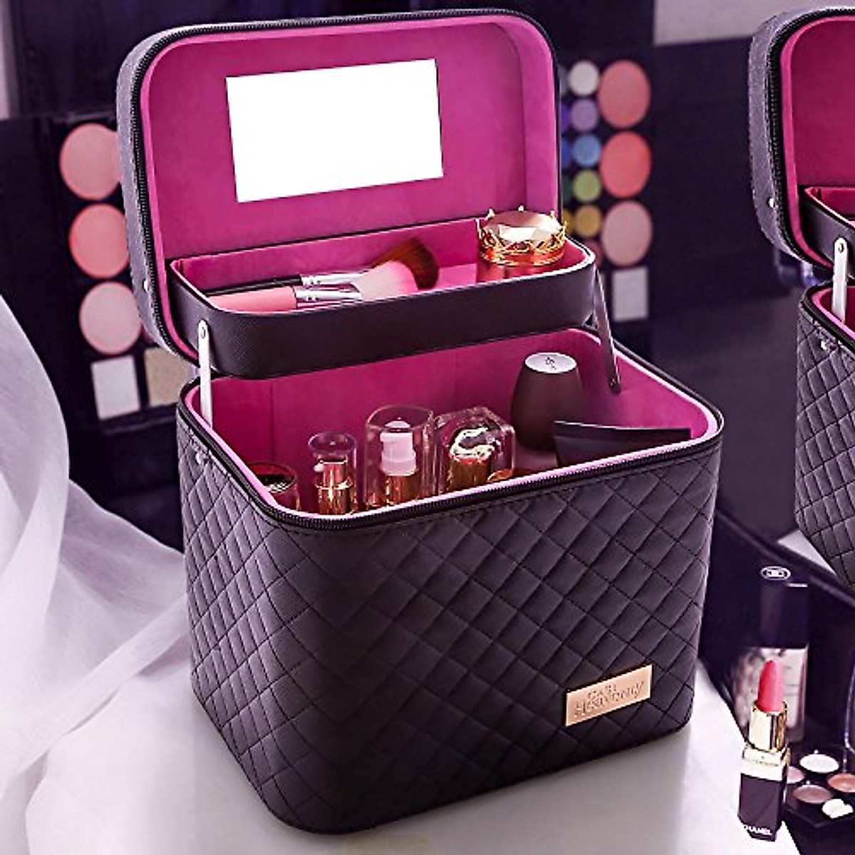 Sooyee Makeup Bag,Makeup Organizer with Mirror,Cosmetic Travel Bag with Fold Tray, Cosmetic Bags for Women Designed To Fit All Cosmetics Professional Makeup Case,Black