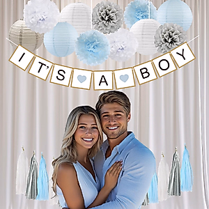 Baby Shower Decorations Boy (Blue, White, Grey)- It's A Boy Banner, Tissue Paper Poms, Paper Lanterns and Tassels Garland- Baby Boy Gender Reveal Birthday Party Decorations