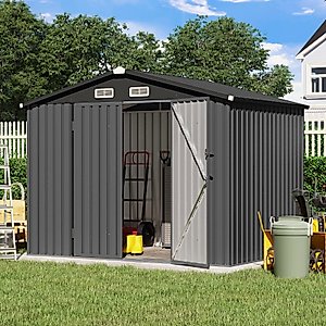Verano Garden 8’x6’ Outdoor Storage Shed, Galvanized Metal Steel Shed,Double Door W/Lock, Garden Storage for Backyard, Patio, Lawn (96.65"x63.39"x77.17)
