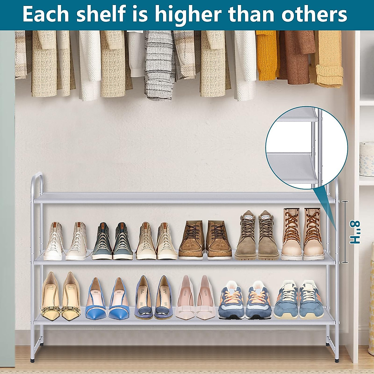AOODA 3 Tier Long Shoe Rack for Closet Floor Wide Stackable Sneaker Shelf 24-Pairs Fabric Shoe Storage Organizer for Bedroom (Gray)
