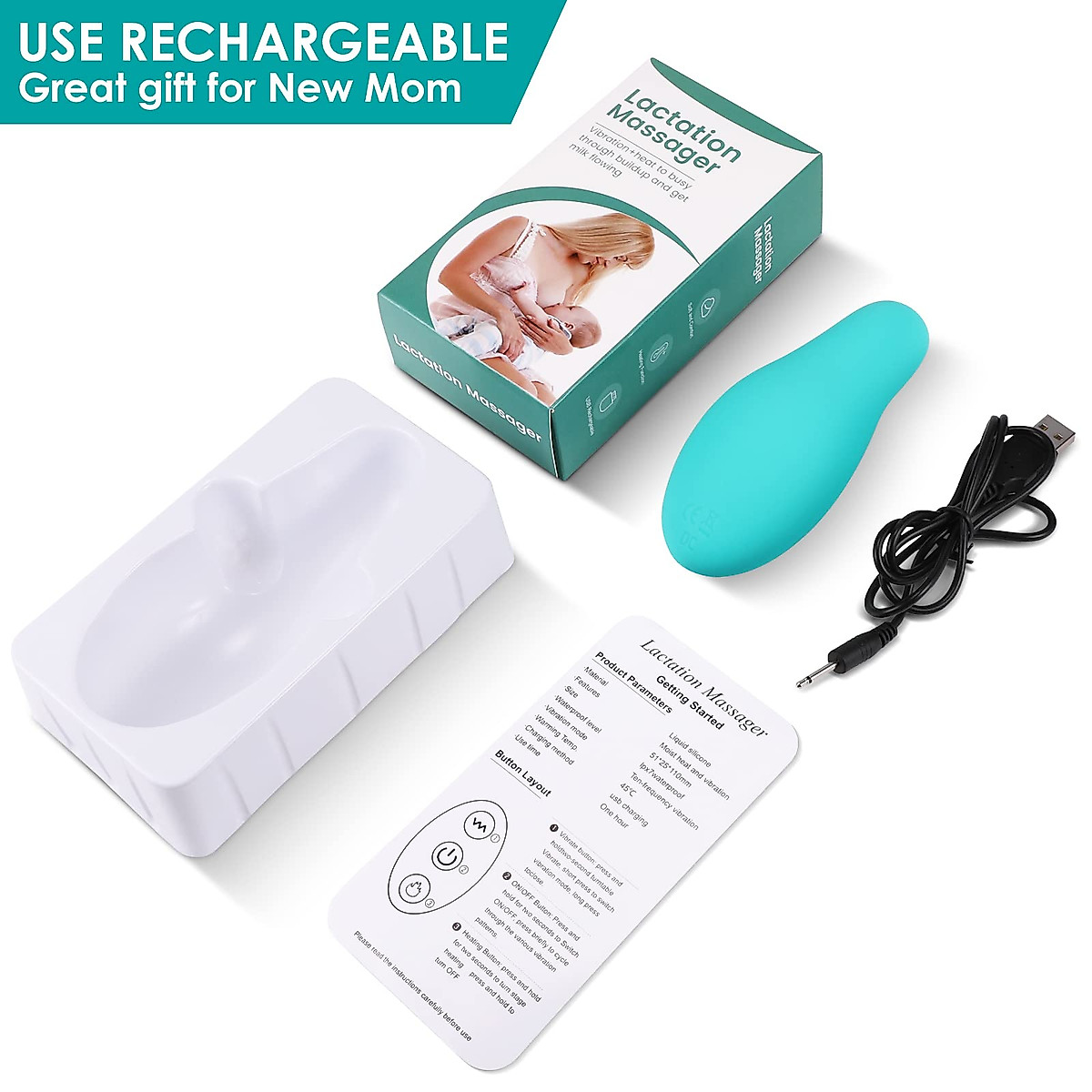 Warming Lactation Massager for Breastfeeding, Breast Warmer for Pumping, Nursing, Heat and Vibration Support for Clogged Milk Ducts Improve Milk Flow (Teal)