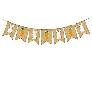 S SNUOY Colorful Happy Easter Banner Easter Decorations Bunting Bunny Easter Rabbit Carrot Hanging Burlap Banner Spring Decor Party