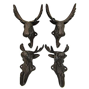 Coat Hat Hooks, 6.5" Cast Iron Moose Head Vintage Antique Style Hangers Set of 4