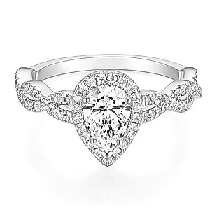 TIGRADE 1.5CT Engagement Ring for Women Teardrop Cubic Zirconia Wedding Band Halo Twisted Pear CZ Promise Anniversary Ring Size 3-12, Silver, Size 8