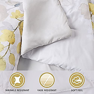 Comfort Spaces Bed in A Bag - Trendy Casual Design Cozy Comforter with Complete Sheet Set with Side Pocket, All Season Cover, Matching Shams, Queen, Nina, Leaf Yellow/Grey 9 Piece