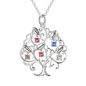 PEIMKO Personalized Custom Name Family Branch Tree Necklace for Women 925 Sterling Silver Necklace Made with Simulated Birthstone CZ Mother¡¯s Day Jewelry Gift - White