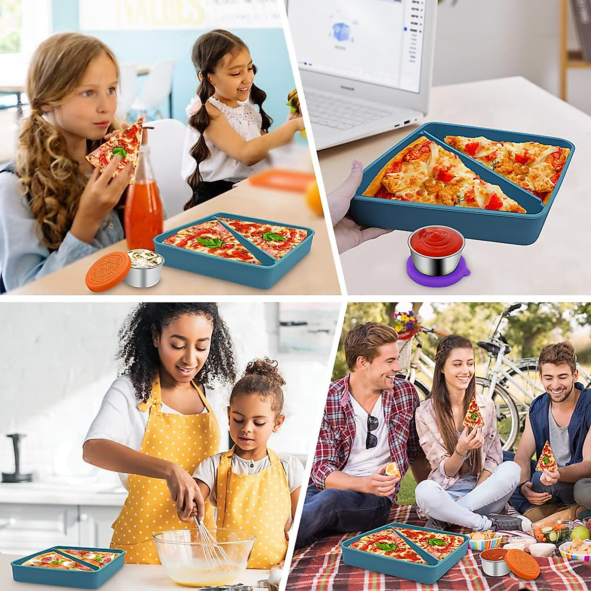 Winceed Pizza Storage Container with 4 Microwavable Serving Trays, Reusable Pizza Slice Container, Silicone Pizza Leftover Storage Box Microwave & Dishwasher Safe (Yellow, Blue)