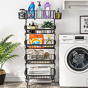 Fruit Vegetable Basket, 1Easylife 5 Tier Stackable Metal Wire Basket Cart with Rolling Wheels, Utility Rack for Kitchen, Pantry, Garage With 2 Free Baskets (Black)