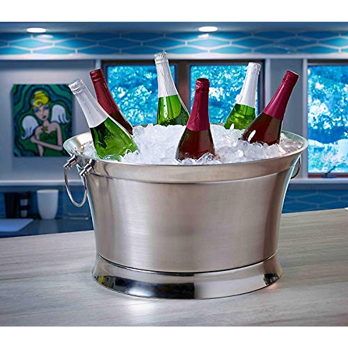 BirdRock Home Double Wall Round Beverage Tub - Stainless Steel - Ice Bucket - Metal Decorative Drink Cooler - House Party - Handles Small Container - Large