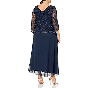 J Kara Women's Plus Size Long Beaded Dress with Cowl Neck, Navy/Mercury, 20W