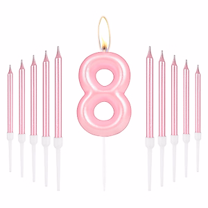 iNINGER Baby Pink 8th Birthday Number Candles,Pink Long Stick Candles,Number 8 Candle Cake Cupcake Toppers for Girls,Pink Candles for Cake,Birthday Party 8th Wedding Anniversary Decorations