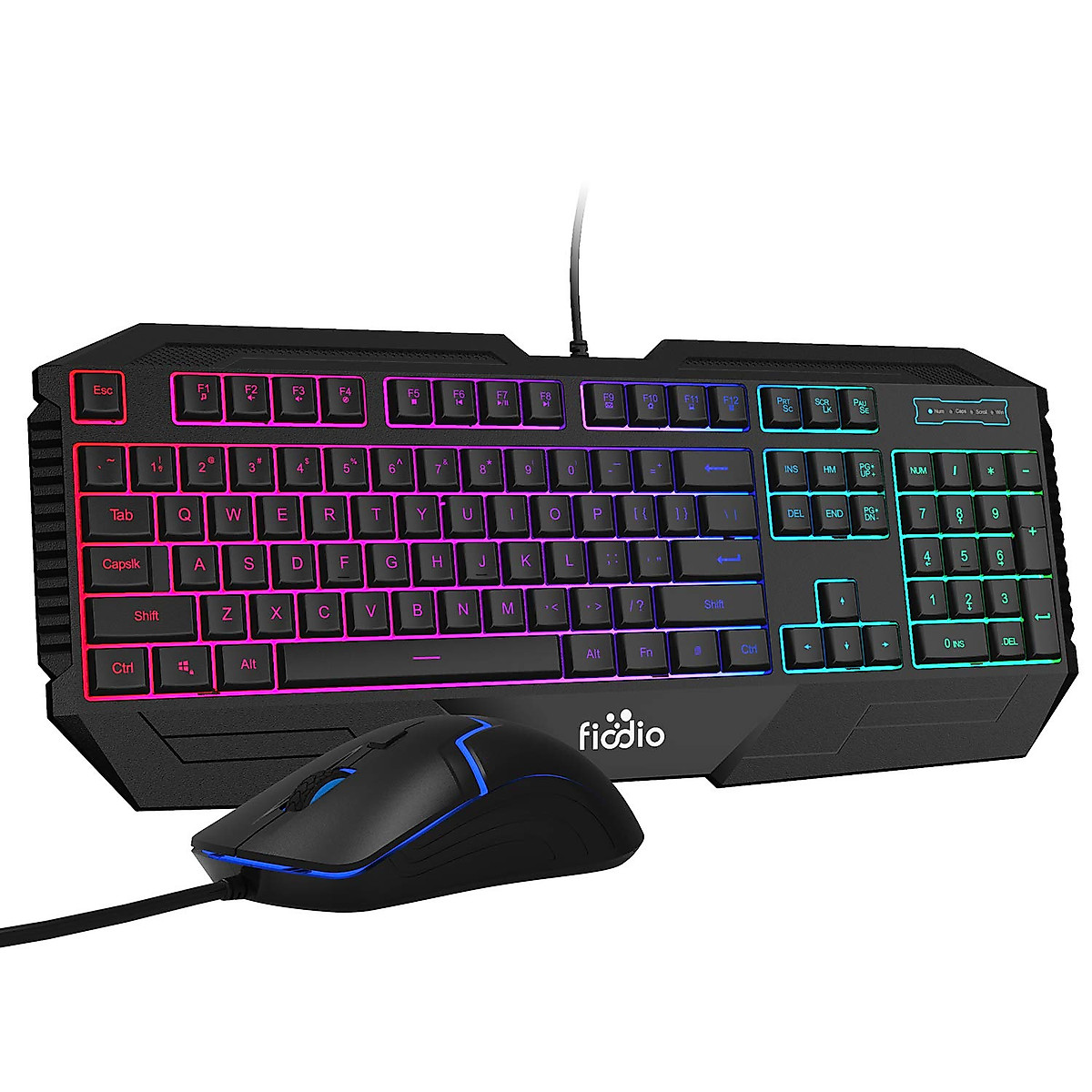Fiodio Rainbow Wired Gaming Computer Keyboard and Mouse Combo, Ergonomic Keyboards with Wrist Rest, 104 Multimedia Keys, 1600 DPI Gamer Mouse for Windows PC and Desktop