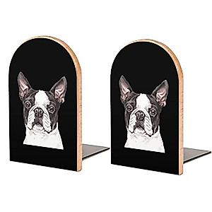 Cute Boston Terrier Dog Simple Nature Wooden Shelves Bookends Desktop Book Stand Book Ends Books Holder for Library School Home Office Study Decoration（Beech Wood）