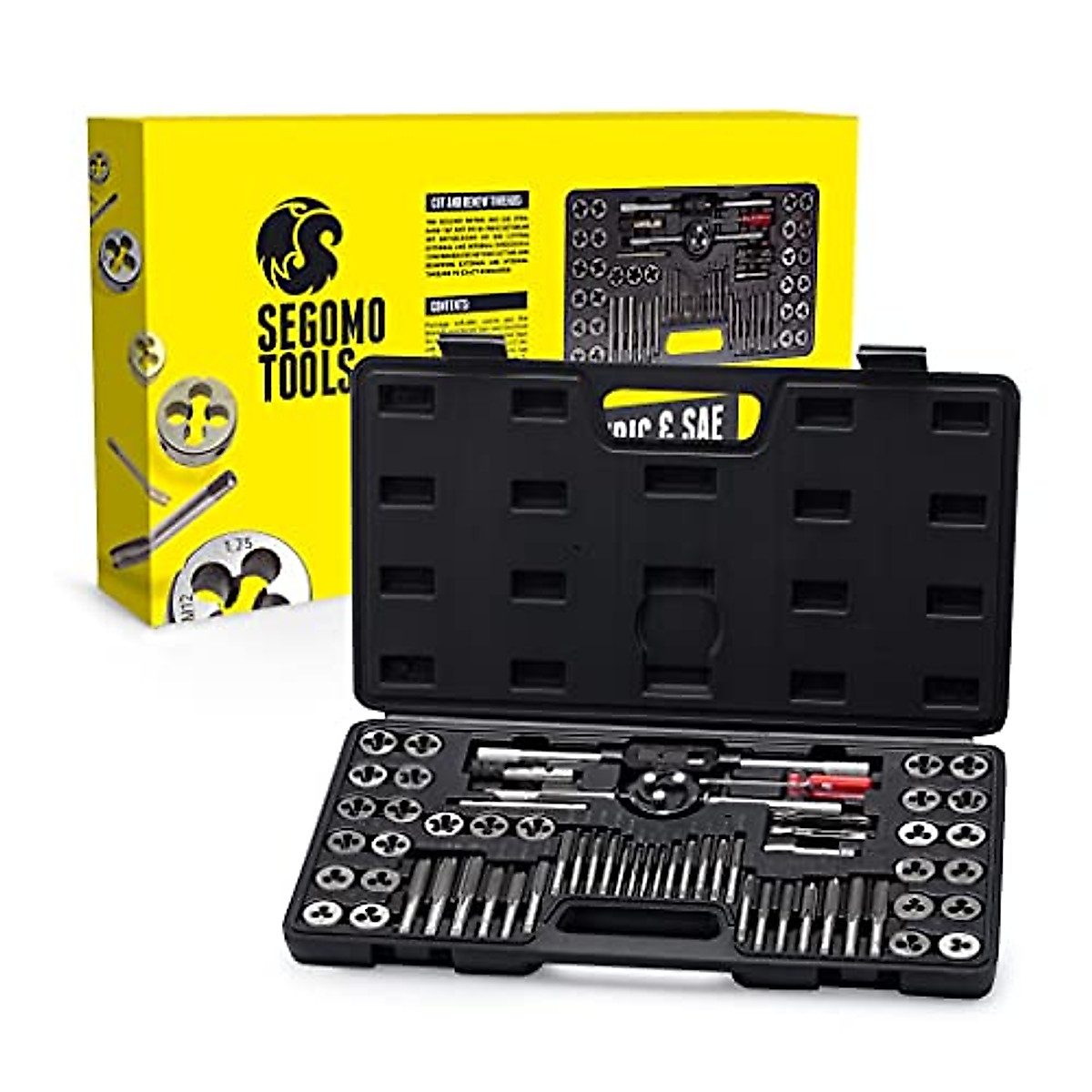 Segomo Tools 60 Piece Metric & SAE Threading Tap & Die Tool Set with Storage Case | Rethreading Kit | Tap Set | Tap and Die Kit | Tap and Die Set Metric and Standard - TD60MMSAE