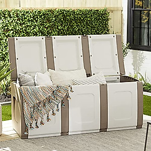 Homeplast Bold Indoor Outdoor Plastic Storage Trunk Resin Deck Box for Storing Pillows, Patio Cushions, and Firewood, 79 Gallon Capacity, Beige/White