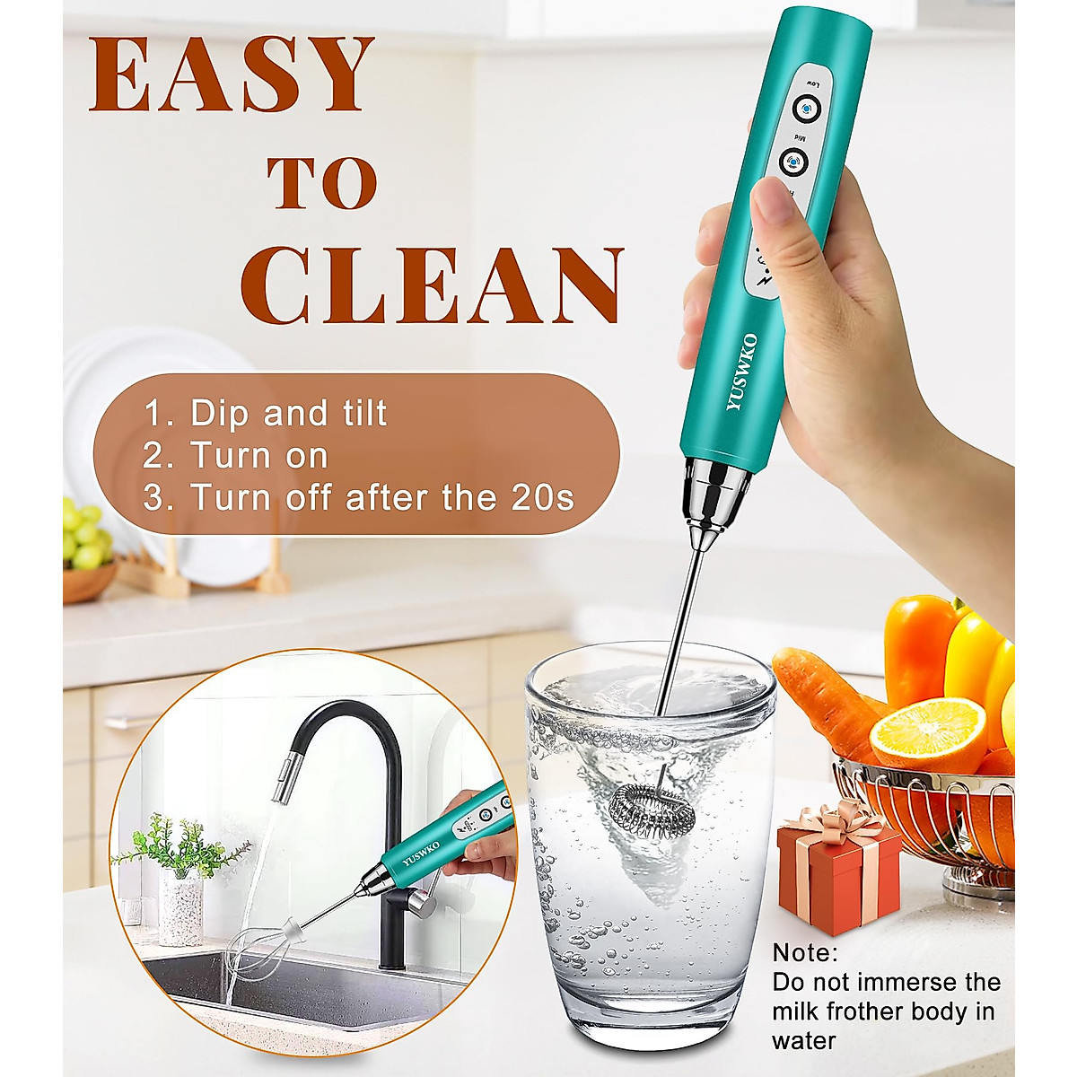 YUSWKO Milk Frother Handheld for Coffee, Rechargeable Drink Mixer with 3 Heads 3 Speeds Electric Coffee Frother Whisk, Gift for Many Occasions and Festival