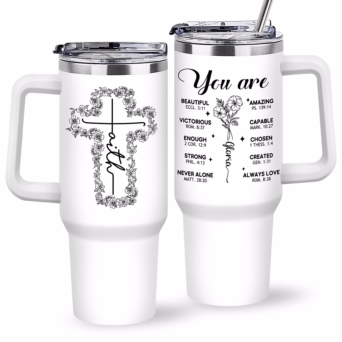 BMYDIY Personalized 40 Oz Christian Tumbler, Inspirational Spiritual Jesus Faith Religiou Gifts for Women, Custom Extra Large Stainless Steel Insulated Cup/Coffee Mug/Travel Mug with Name Birth Flower