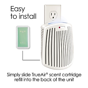 Hamilton Beach TrueAir Plug-Mount Air Freshener Odor Eliminator for Common Household-Tobacco, Pet, Bathroom & Trash, On/Off Fan, with Nightlight and Carbon Filter + Green Meadow Cartridge, White