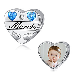 LONAGO Personalized Birthstone Heart Photo Charm 925 Sterling Silver Customized Image Picture Bead Simulated Gemstone Fit Snake Bracelet Happy Birthday Gifts for Women (3)