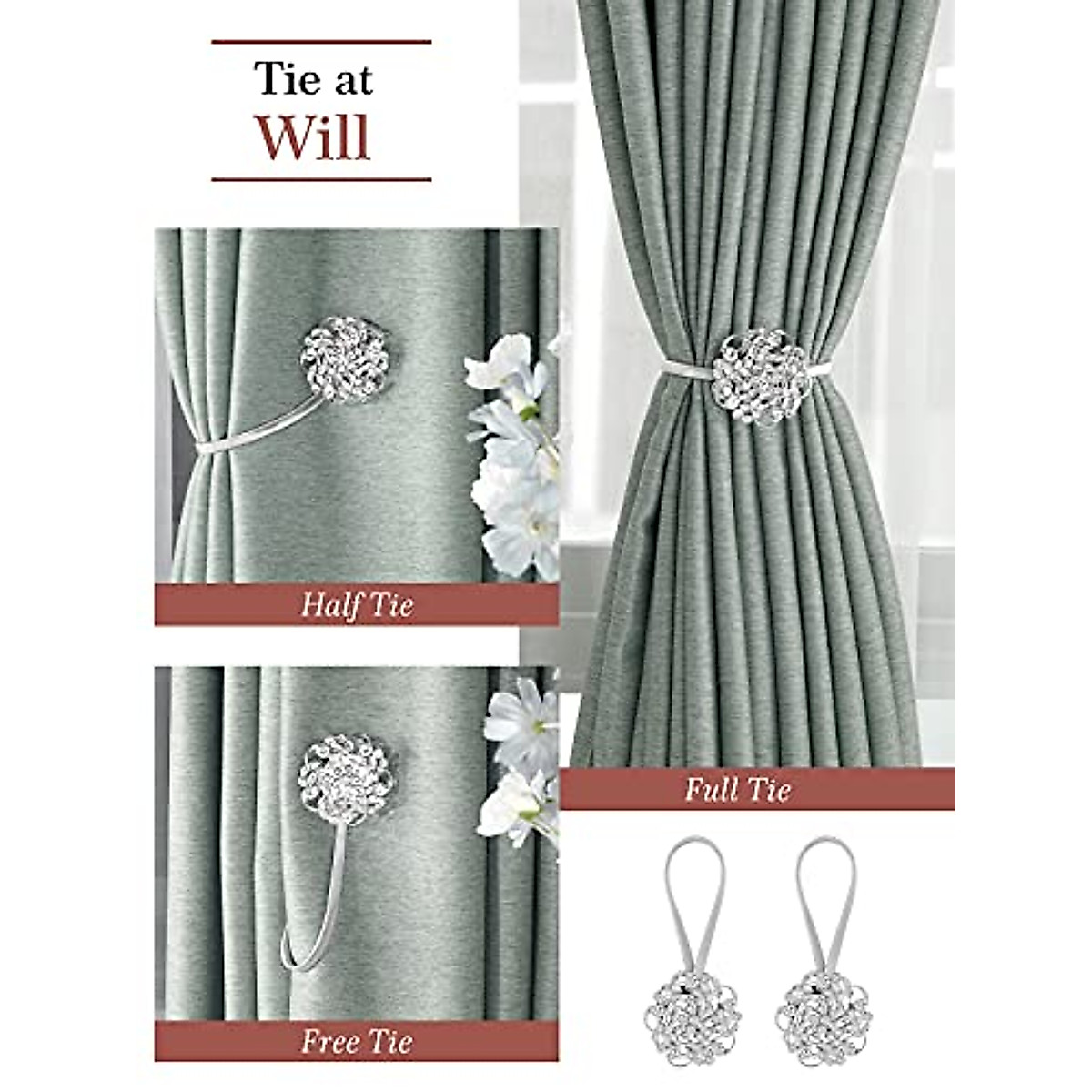 Shinowa 2-Pack Magnetic Curtain Tiebacks, Crystal Window Curtain Decorative Clips, No Drilling Drapery Holdbacks Flower Curtain Holder for Home Office Room Decor, 5 Petals, Silver