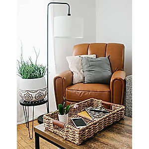 Large Decorative Rattan Woven Serving Tray + Leather Handles 20''x12’,Rectangle Wicker Centerpiece,Boho Kitchen + Home Decor Basket,Coffee Table Organizer,Summit Living,All Occasions Tan