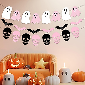 Pink Halloween Decorations, Pink and Black Halloween Decorations includes Happy Halloween Pink Ghost Garland Pink Bat Skeleton, Pastel Halloween Decorations for Girly Halloween Decor