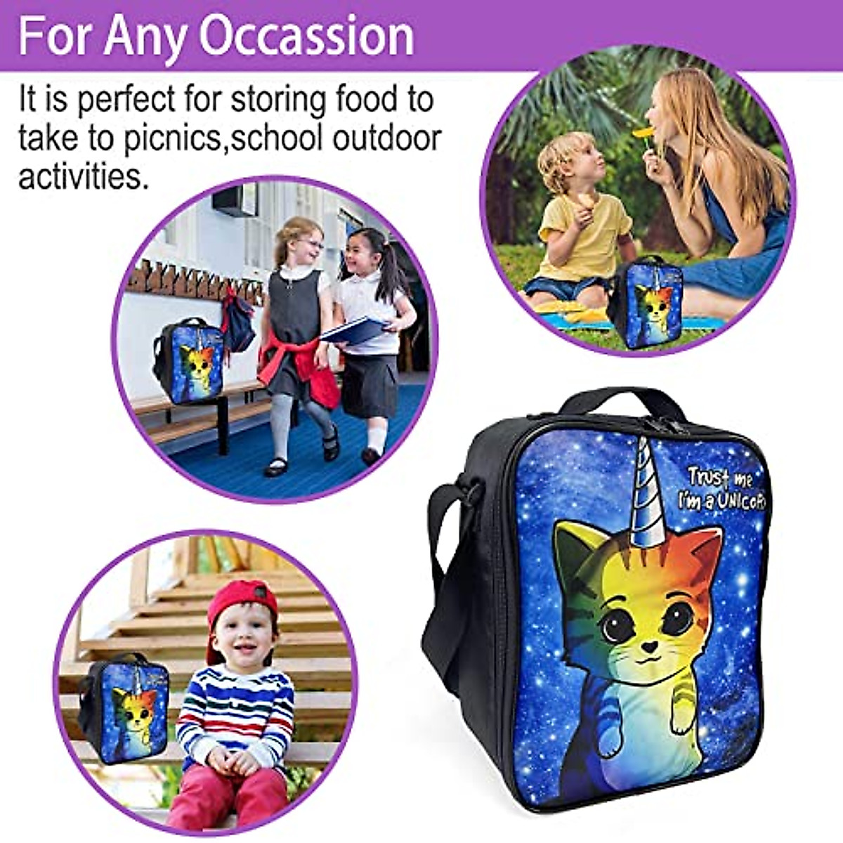 Insulated Lunch Bag for Kids, Boys Girls Lunch Box, Cute Cat Lunch Bag with Shoulder Strap, School Bento Lunch Box for Kids Toddlers Teens, Aesthetic Black Reusable Cooler Thermal Meal Tote Kit