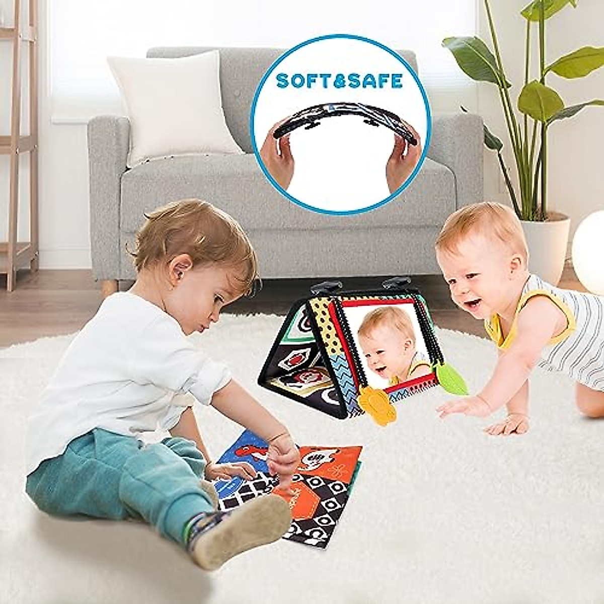 Baby Toys Tummy Time Mirror: Infant Black White high Contrast Sensory Toy with Crinkle Book 0 3 6 9 12 18 Month Old Newborn Montessori Activity Babies Gifts for Boy Girl 0-6 6-12 Months