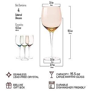 OMITA Colored Crystal Wine Glasses with Stem, Set of 4, Hand-Blown 15.72 oz - Italian Style for Red & White Wine - Elegant Drinkware for Parties & Gifts