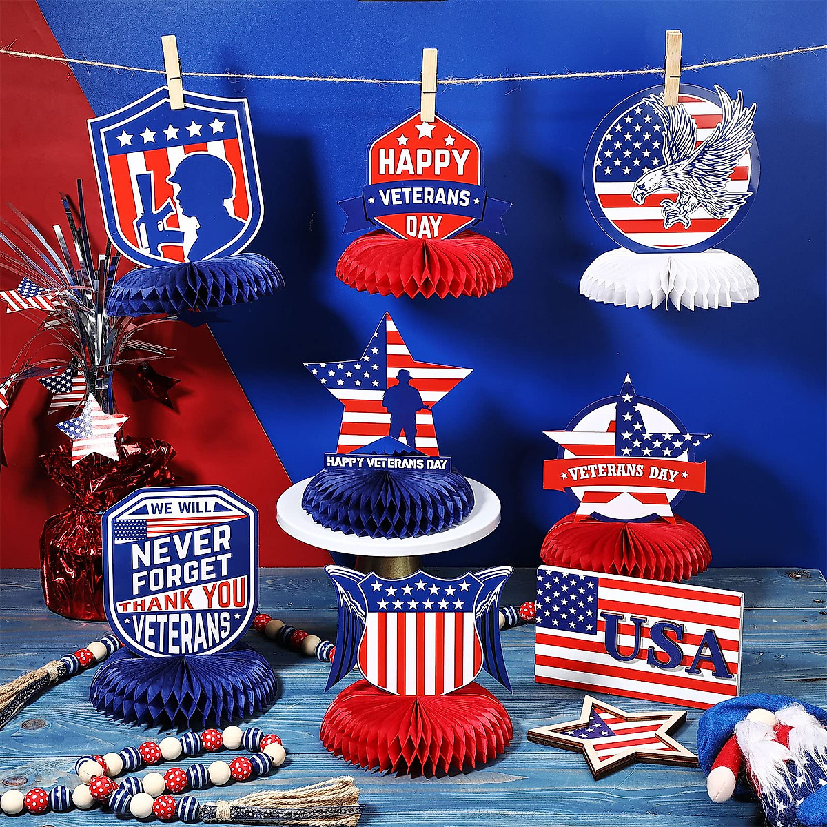 9 Pcs Happy Veterans Day Party Honeycomb Centerpiece Patriotic Table Decorations Veterans Day 3D Table Centerpiece for Table Decor Memorial Day Themed Birthday Graduation Party Supplies