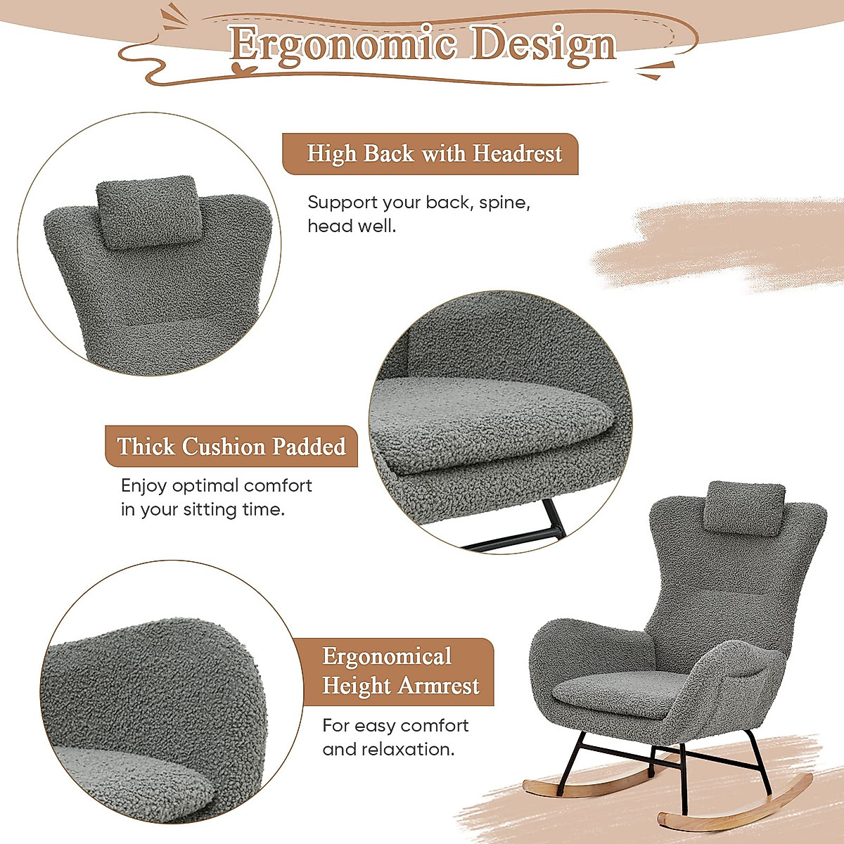 KINFFICT Accent Rocking Chair, Tufted Upholstered Glider Rocker for Nursery, Comfy Armchair with Side Pockets, Modern Lounge Arm Chair for Living Room, Bedroom (Upgraded Teddy Gray)