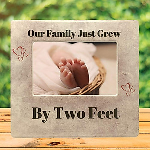 BANBERRY DESIGNS New Baby Frame Our Family Just Grew By Two Feet Heart Design with Tan Marble Like Background - Nursery Décor 4" X 6" Picture Opening