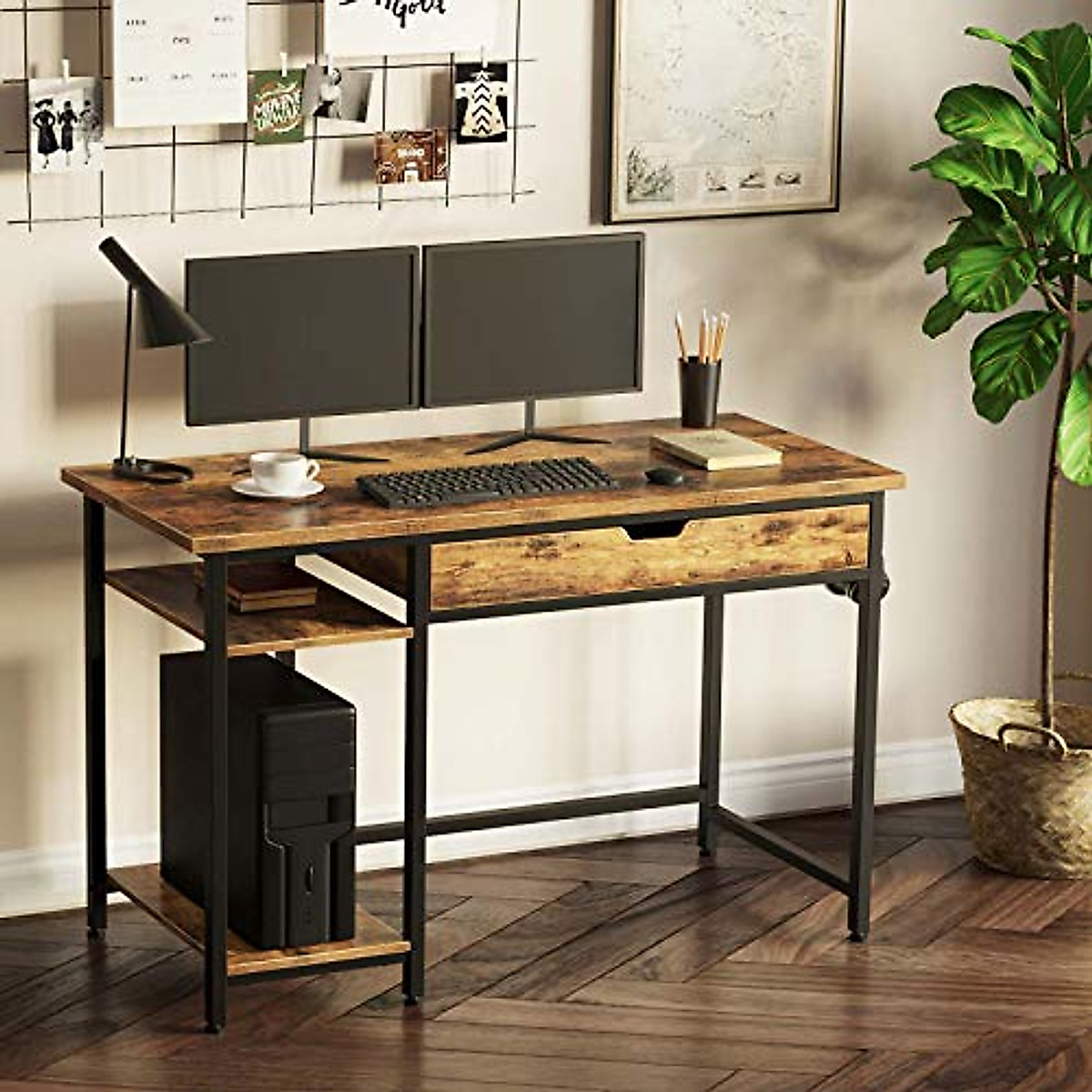Rolanstar Computer Desk with Shelves and Drawer, 39" Home Office Writing Desk, Laptop Study Table Workstation, Retro Industrial Design, Stable Metal Frame, Rustic Brown