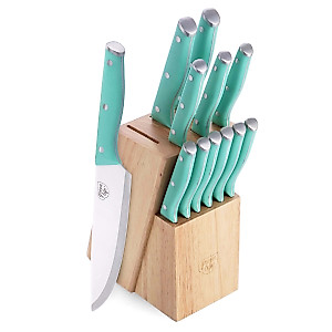 GreenLife High Carbon Stainless Steel 13 Piece Wood Knife Block Set with Chef Steak Knives and more, Comfort Grip Handles, Triple Rivet Cutlery, Turquoise