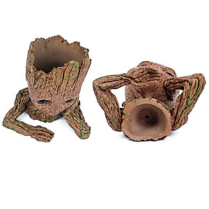 ZUSONUD Baby Groot Pen Pot Tree Man Pens Holder or Flower Pot with Drainage Hole Perfect for a Tiny Succulents Plants 6" (Grayish Brown)
