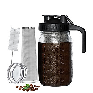 PIZVOXCold Brew Coffee Maker Pitcher, 32 oz Thick Glass Mason Jar Spout Lid with Handle & Stainless Steel Filter for Iced Brew Coffee, Ice Lemonade, Sun Tea, Fruit Drinks Container