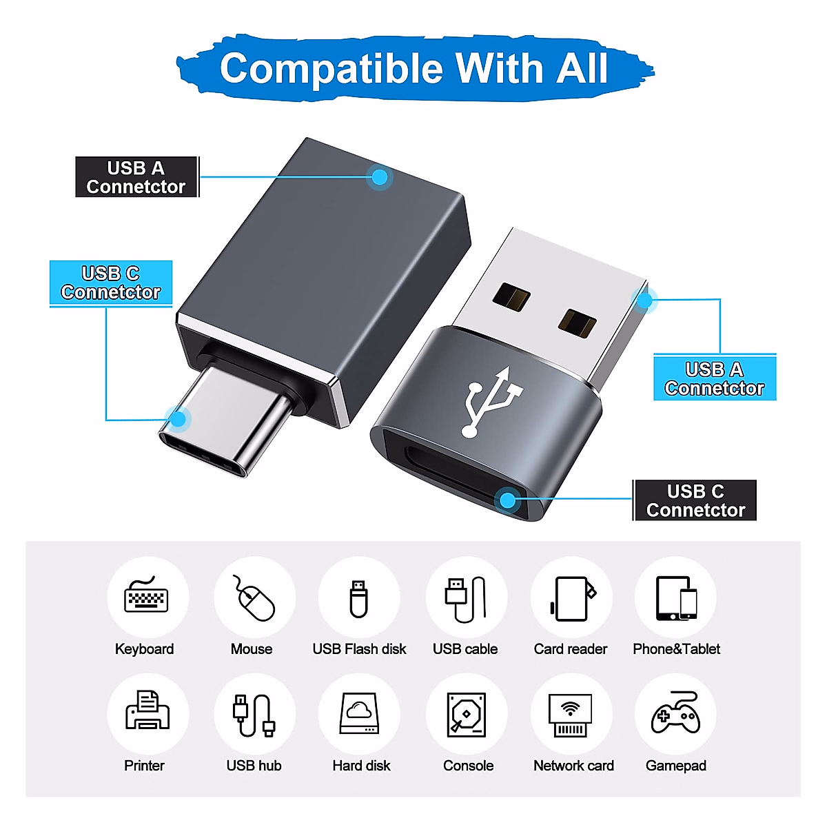 4 PC USB C to USB Adapter/USB-C to USB-A,USB to USB C Adapter/USB A to USB C Connect USB Adapter and Type C or Power Cable Converter for Samsung A13 A53 S23 A14 A11 A12 A21 A51 A71 A32