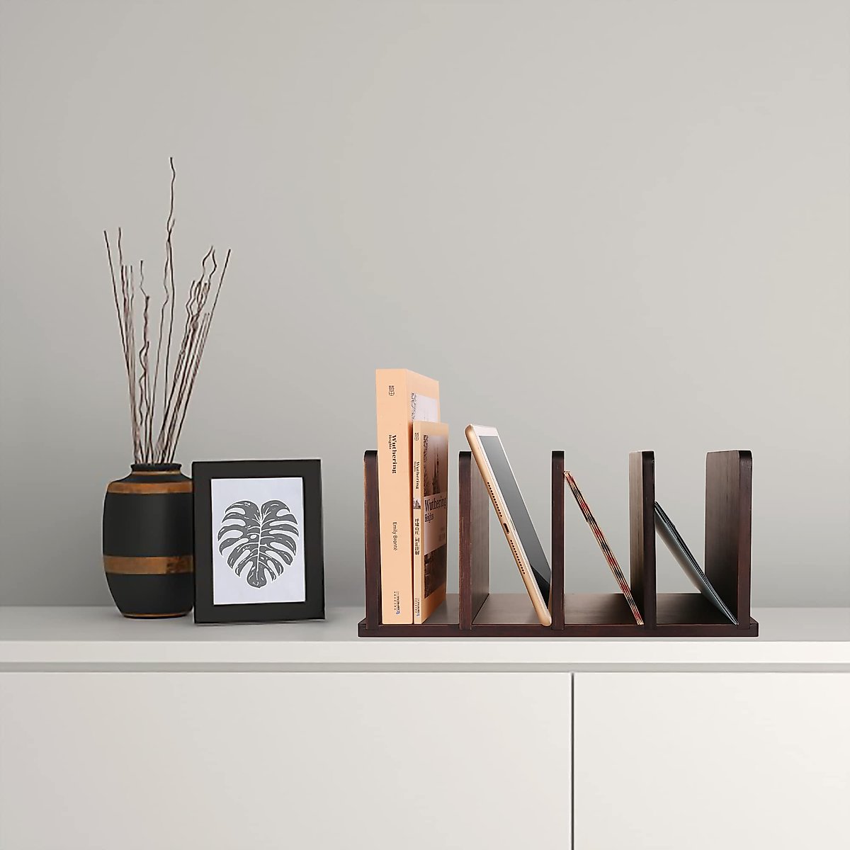 Desk Organizer Mail Organizer Countertop File Sorter, Bamboo Desk File Organizer 4 Slots, Wooden Desk Shelf for Envelope Document Folder Filling, Desktop File Mail Holder for Office & Home