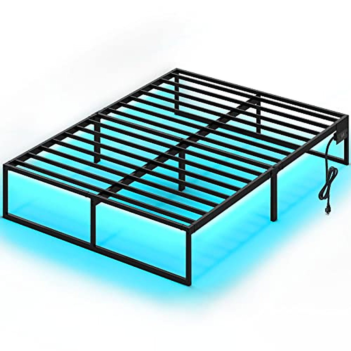Rolanstar Bed Frame with USB Charging Station, Queen Bed Frame with LED Lights, Platform Bed Frame with Heavy Duty Steel Slats, 14" Storage Space Beneath Bed