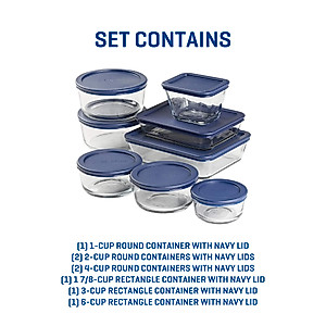 Anchor Hocking 16 Piece Round and Rectangle Glass Food Storage Containers, Space Saving Meal Prep, Navy BPA-Free SnugFit Lids