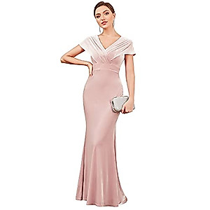 Ever-Pretty Women's V Neck Cap Sleeves Backless Memaid Long Autumn Velvet Formal Evening Gowns Pink US8