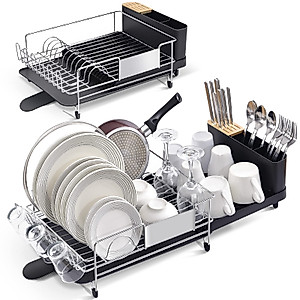 TOOLF Dish Drying Rack, Expandable Stainless Steel Dish Rack with Drainboard Set Kitchen Sink Organizer for Counter, Large Capacity Kitchen Accessories with 360° Swivel Spout