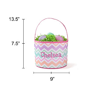 Personalized Chevron Bucket Bag with Custom Name | Orange and Pink Stripped Easter Bag with Handle | Soft Egg Basket for Kids | Customized Easter Basket | Great for Easter Egg Games