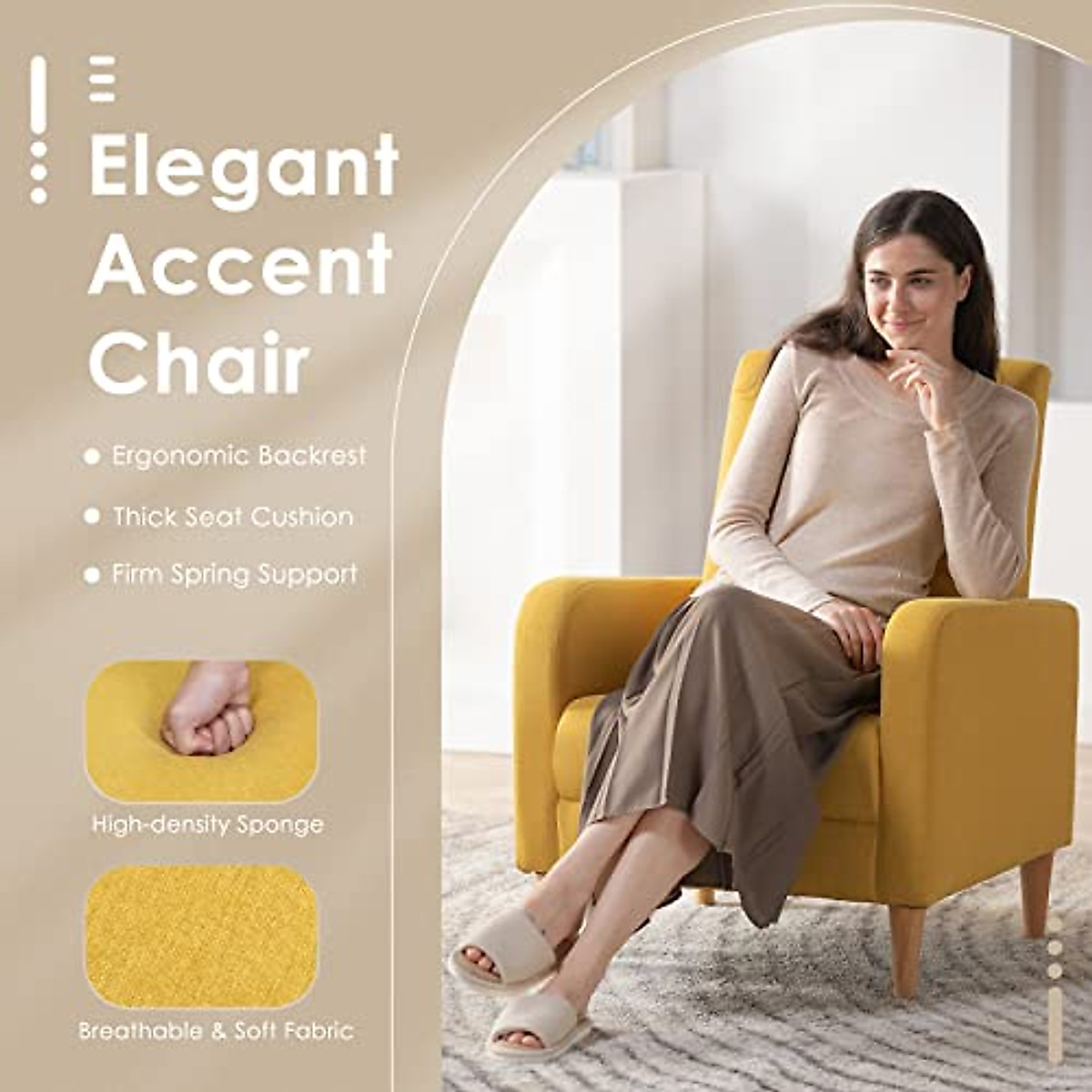 COLAMY Modern Upholstered Accent Chair Armchair with Pillow, Fabric Reading Living Room Side Chair,Single Sofa with Lounge Seat and Wood Legs,Yellow