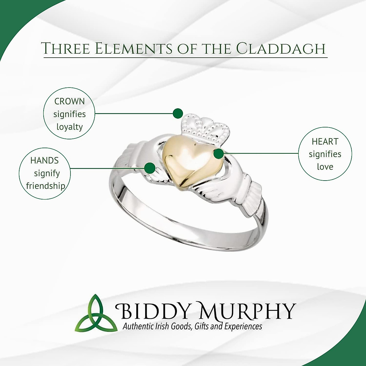 Biddy Murphy Women's Irish Claddagh Ring, 925 Sterling Silver & 10k Gold, Imported Celtic Jewelry, Size 6