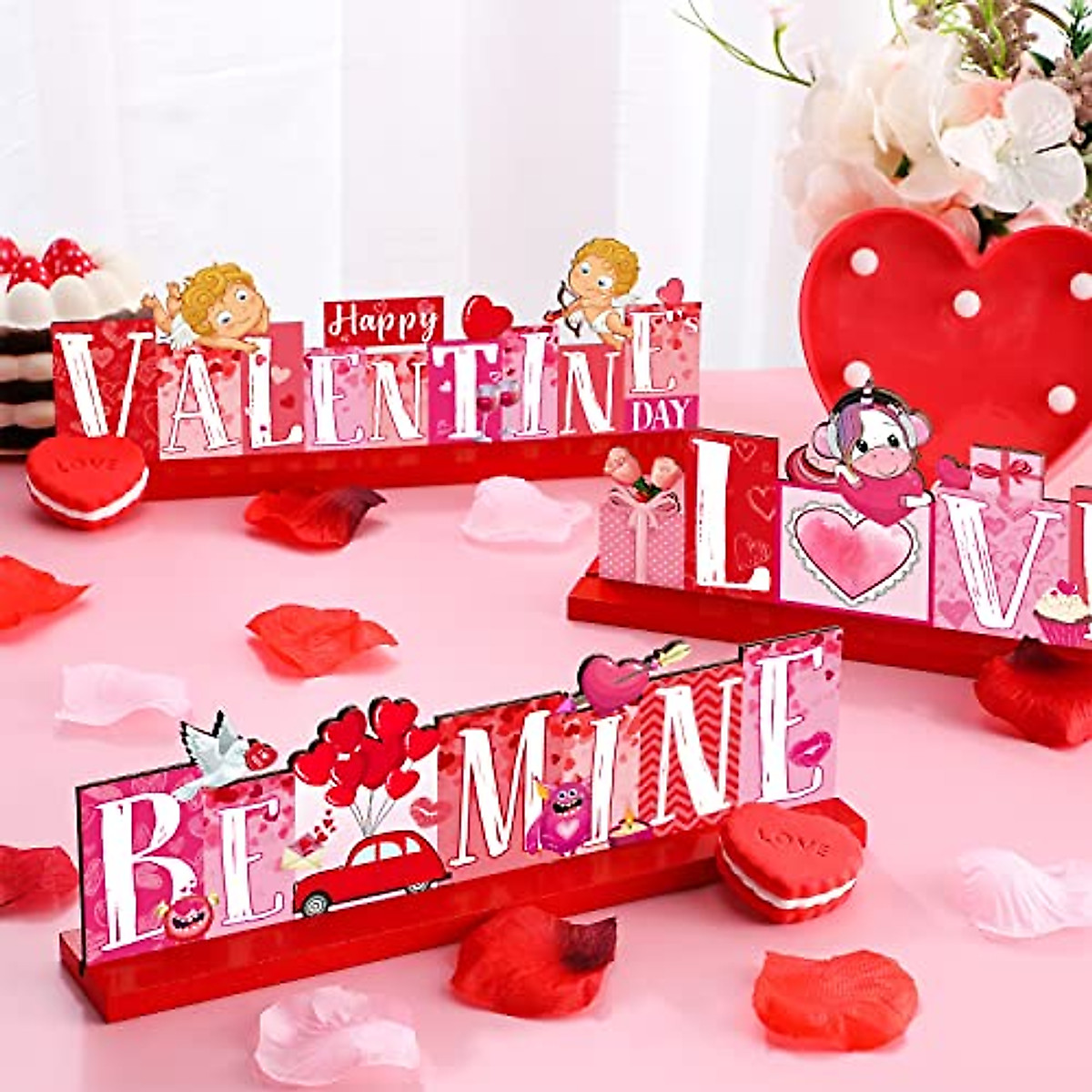 3 Pieces Valentines Table Decoration Love Table Centerpiece Sign Be Mine Heart Wooden Sign Valentine Day Gift for Wedding Anniversary Dining Room Romantic Decor Party Supplies