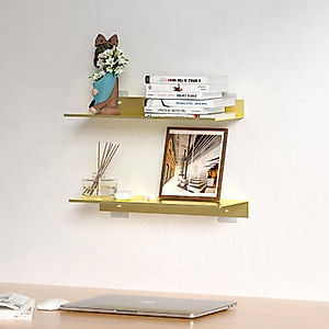 Wisfame Gold Floating Shelves,16" Metal Display Wall Shelf, Bathroom Shelf Set of 2, Wall Mounted Shelves for Books,Decor,Frames & Trophy Display