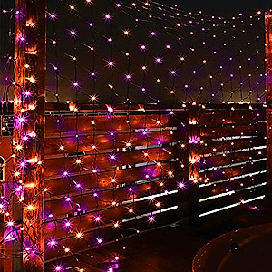 FUNPENY Halloween 360 LED Net Lights, 12ft x 5ft 8 Modes Waterproof Connectable Christmas Decorations for Outdoor Garden Party Decor (Purple Orange)
